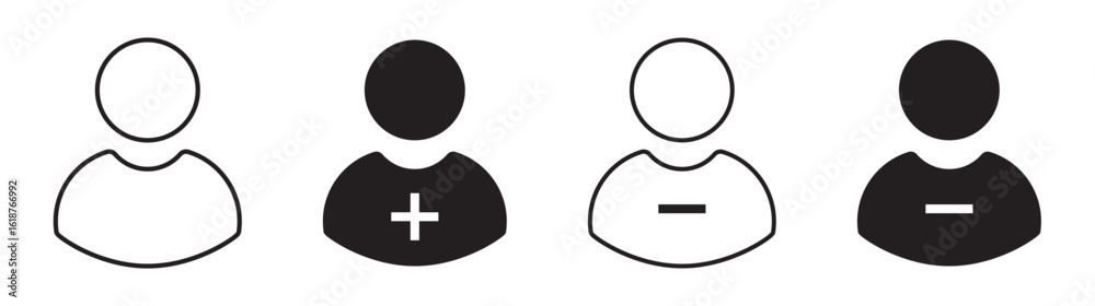 User profile icon set. Add and remove user symbols in outline and solid ...