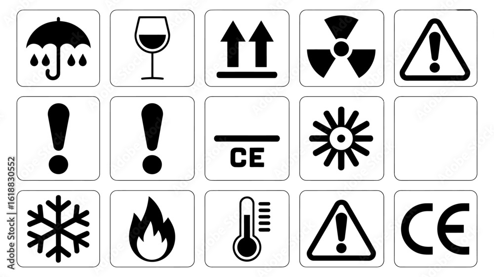 International packaging symbols indicating various warnings and ...