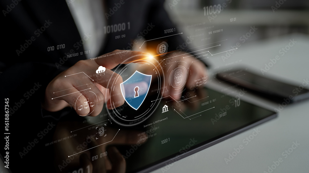 Cyber security interface with biometric and AI-powered protection system. Cyber security secures ...