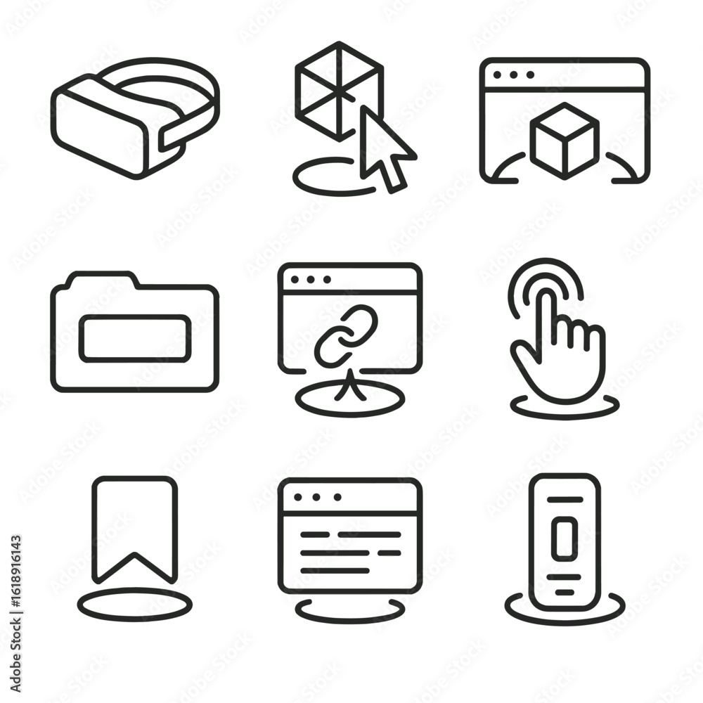 Immersive Web Icons. Outline icon set of immersive web navigation: VR ...