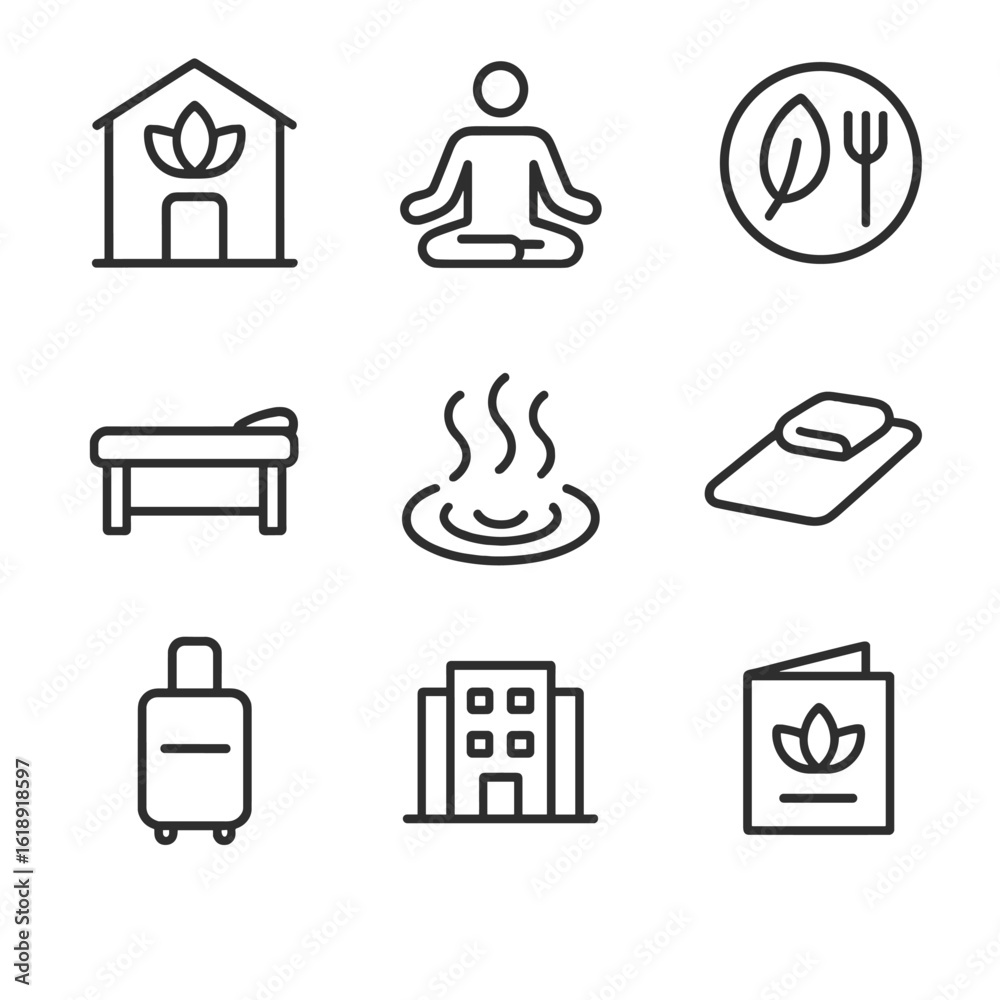 Wellness Retreat Icons. Outline icon set of wellness retreat tourism ...