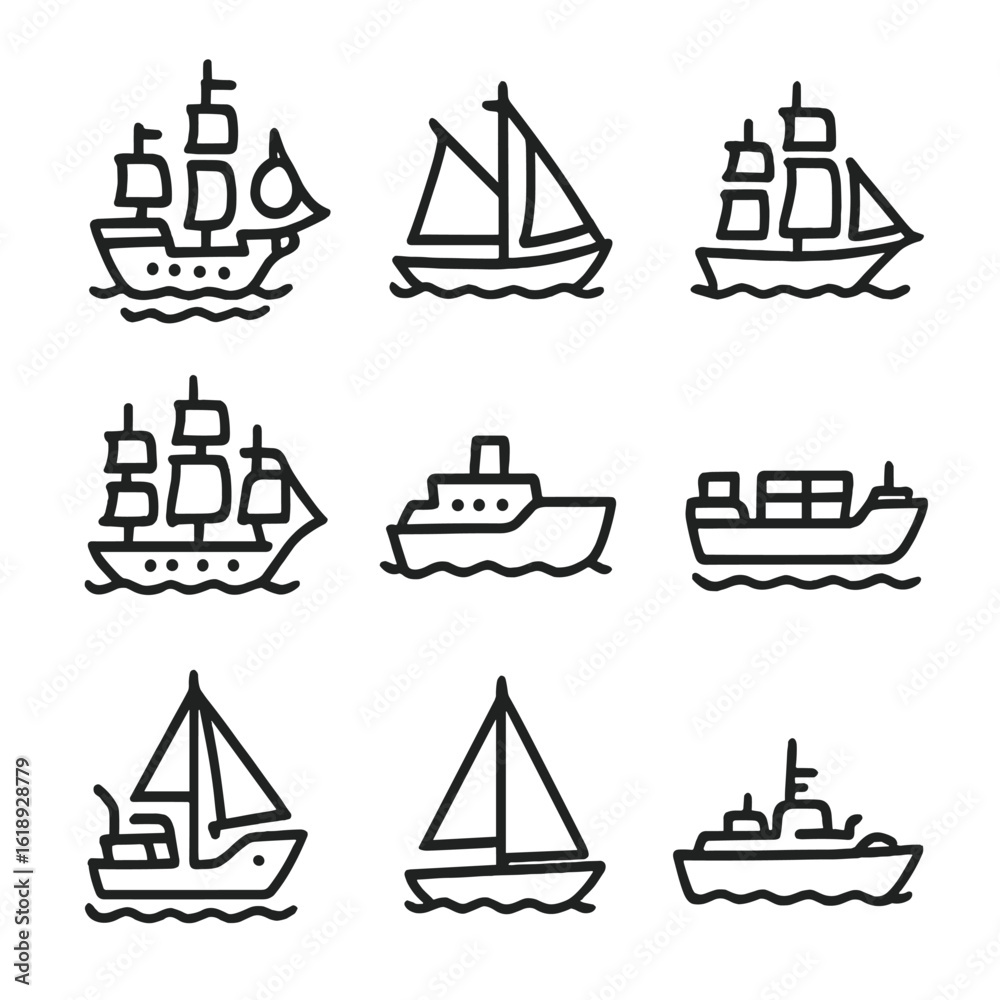Historic Ship Icons. Solid, filled icon set of ship types in history ...