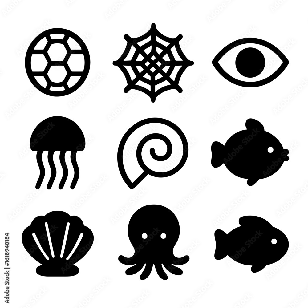Round Creature Icons. Solid, filled icon set of round creatures: turtle ...