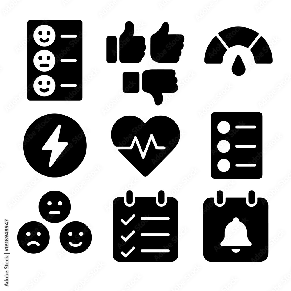 Wellbeing Icons Grid. Solid, filled icon set of wellbeing check-ins ...