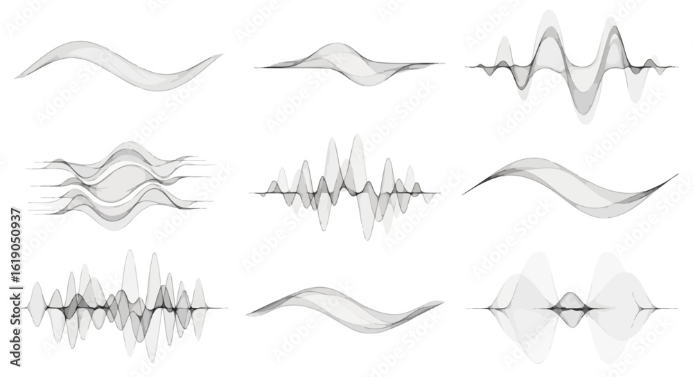 Collection of Abstract Soundwave Graphics and Audio Visualizations on a ...