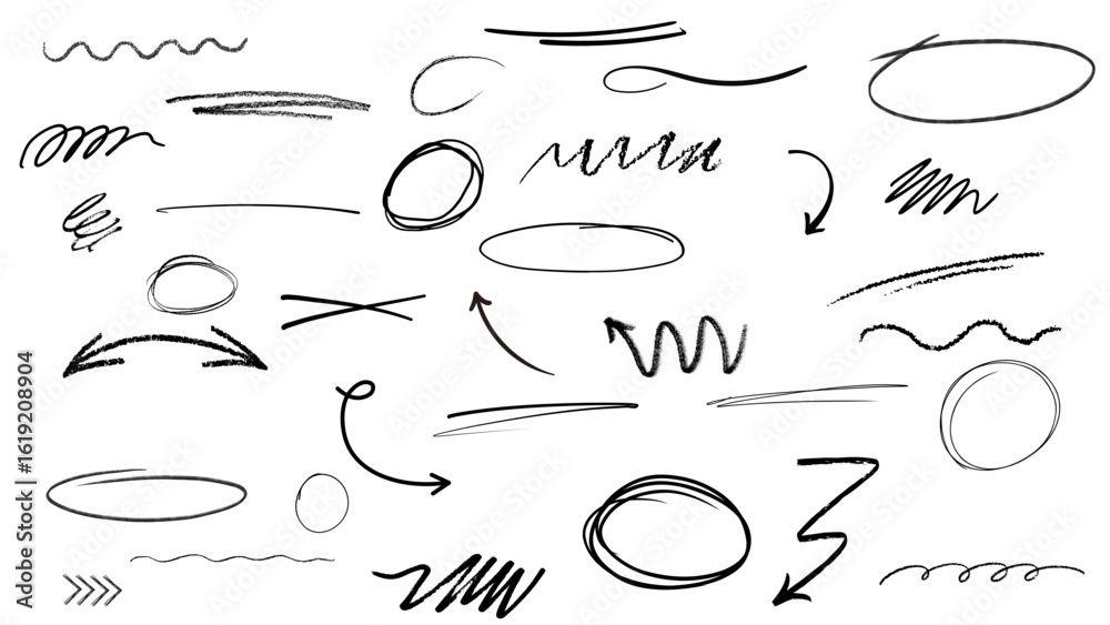 Black pencil hand drawn various oval, chalked arrows, check marks ...