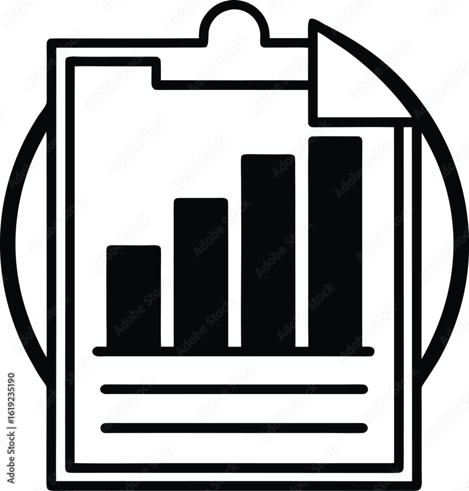 Black and white icon of a clipboard with a bar graph and text lines ...