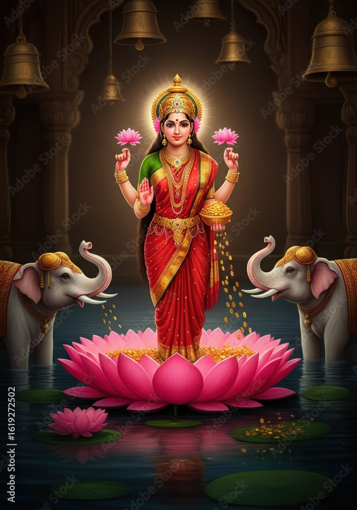 Illustration of goddess lakshmi standing on a lotus flower with ...