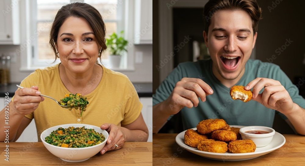 Healthy eating vs unhealthy eating comparison of two people enjoying ...