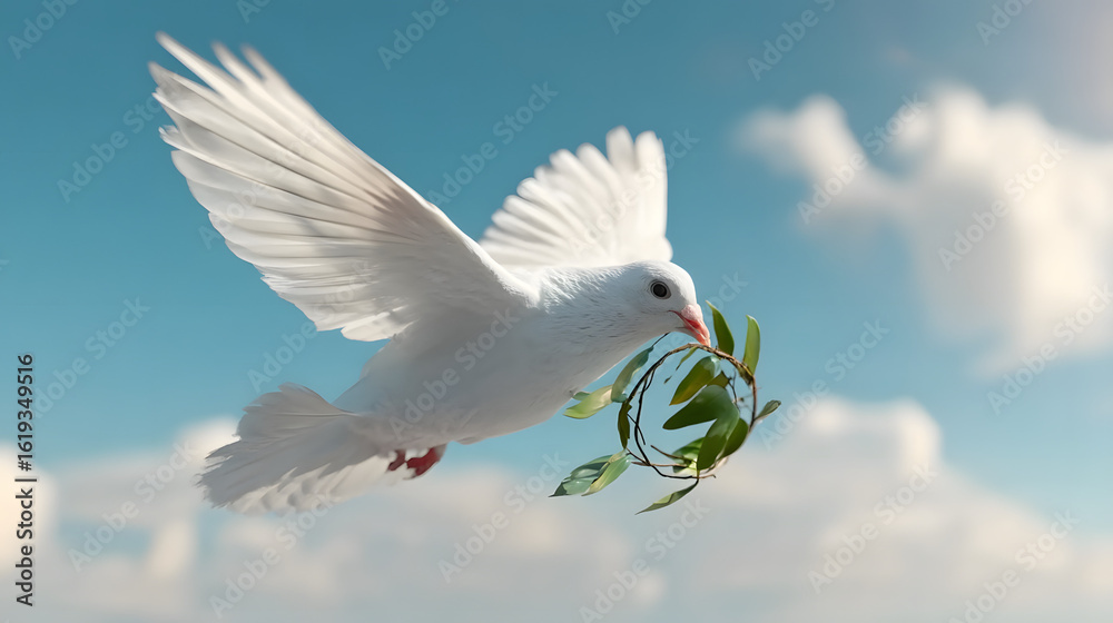 Dove Carrying Olive Branch Symbol of Peace and Hope Against Sky. Ai ...