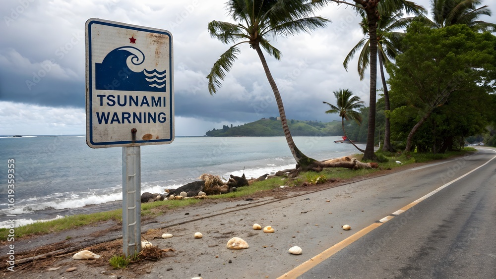 Tsunami Warning Ahead – Coastal Safety Signage" Stock Photo | Adobe Stock