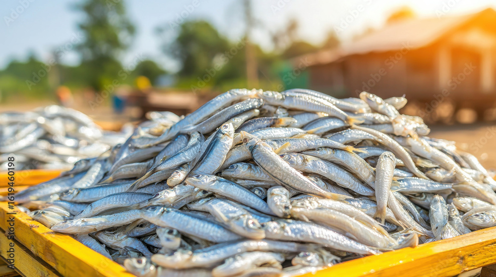 Freshly Caught Fish on Display at Fish Market with Sunlight and Natural ...
