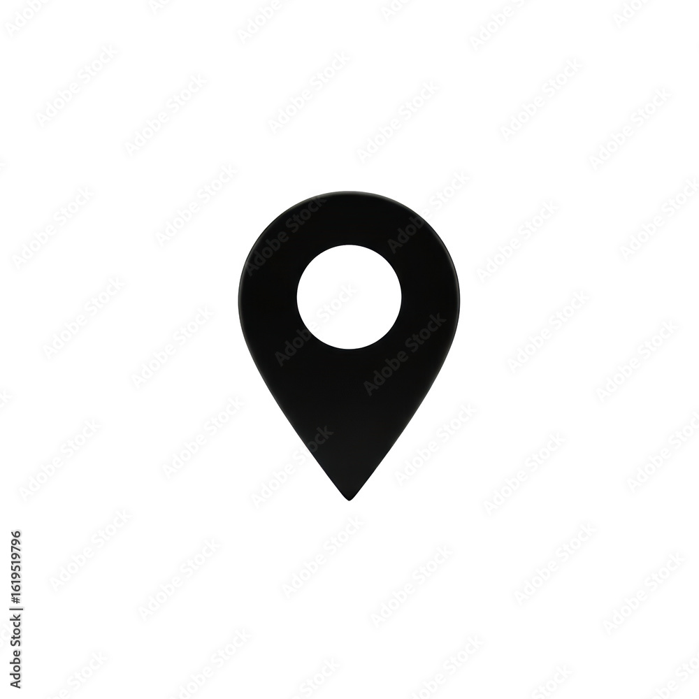 A minimalist solid black map pin icon with a white circle precisely ...