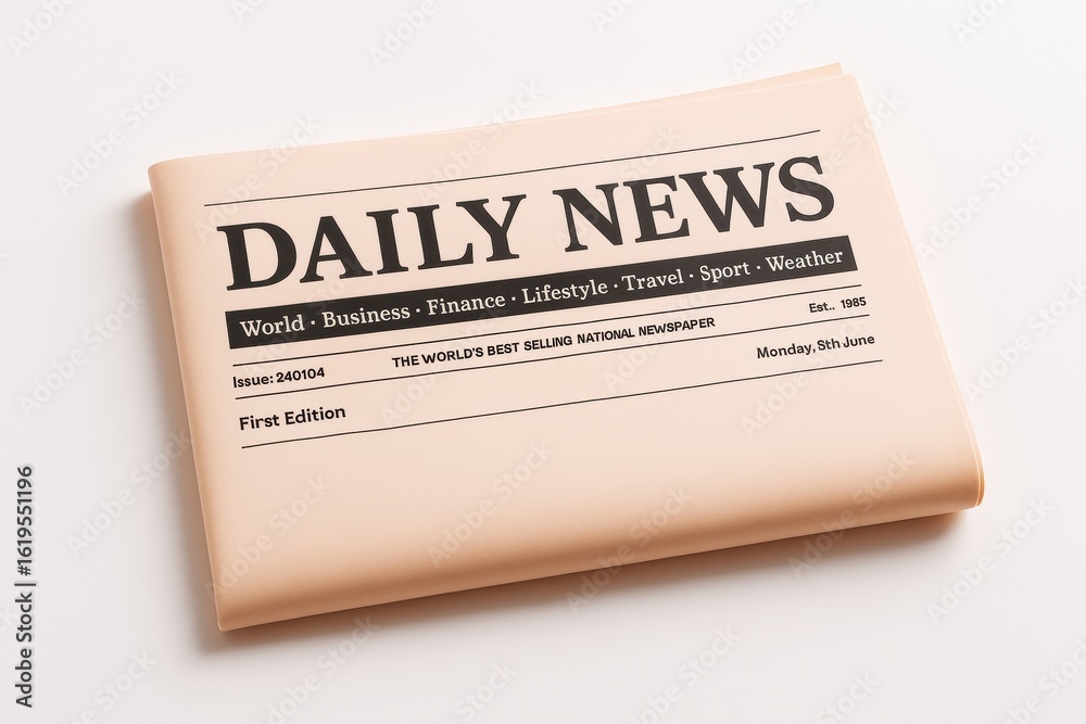 Folded daily newspaper front page mockup with bold headline layout on ...