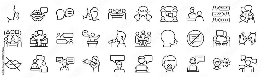 Set of 30 outline icons related to speaking, talking. Linear icon ...