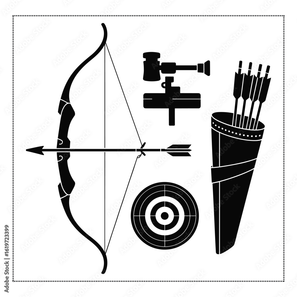 Archery silhouette vector set, bow and arrow target practice, warrior ...