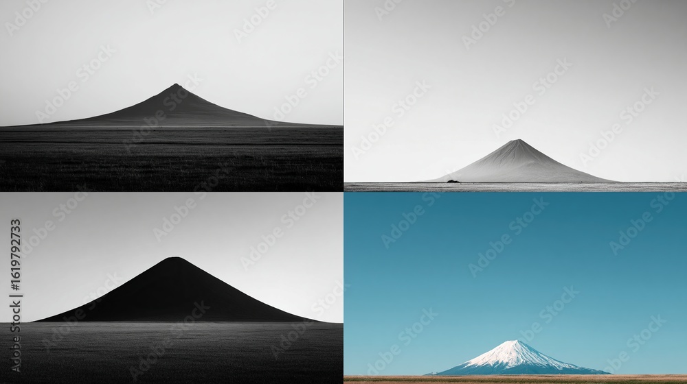 Four grayscale and color images of a mountain, showcasing different ...