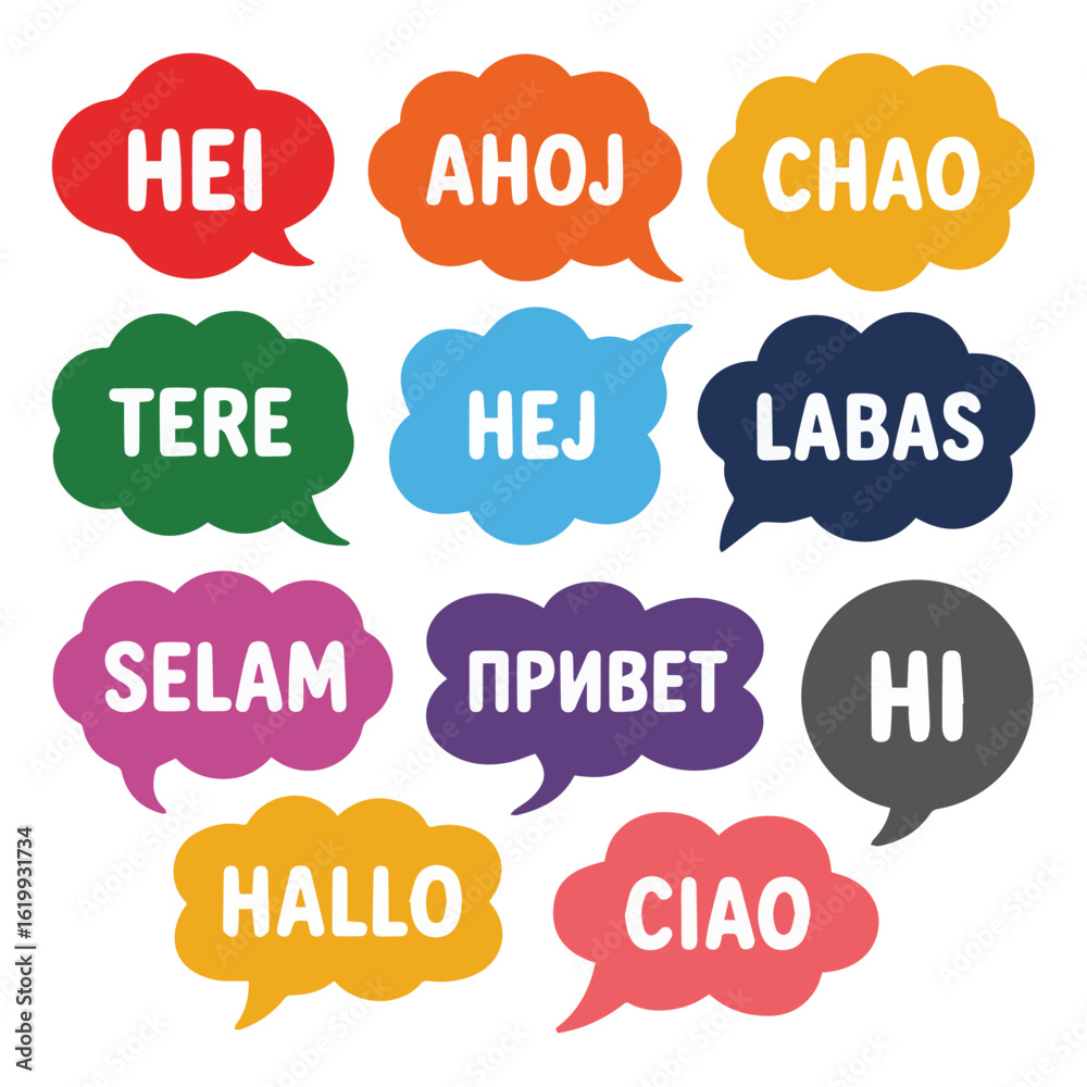 Colorful speech bubbles displaying greetings in different languages on ...