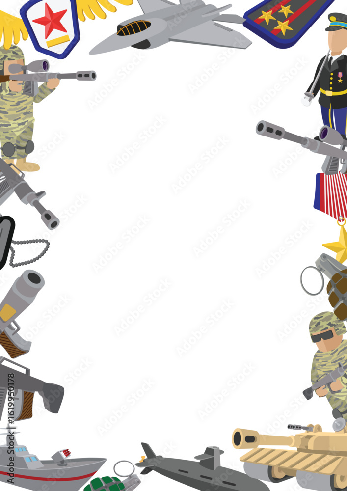 Military themed border with soldiers aiming, fighter jet, tank, warship ...