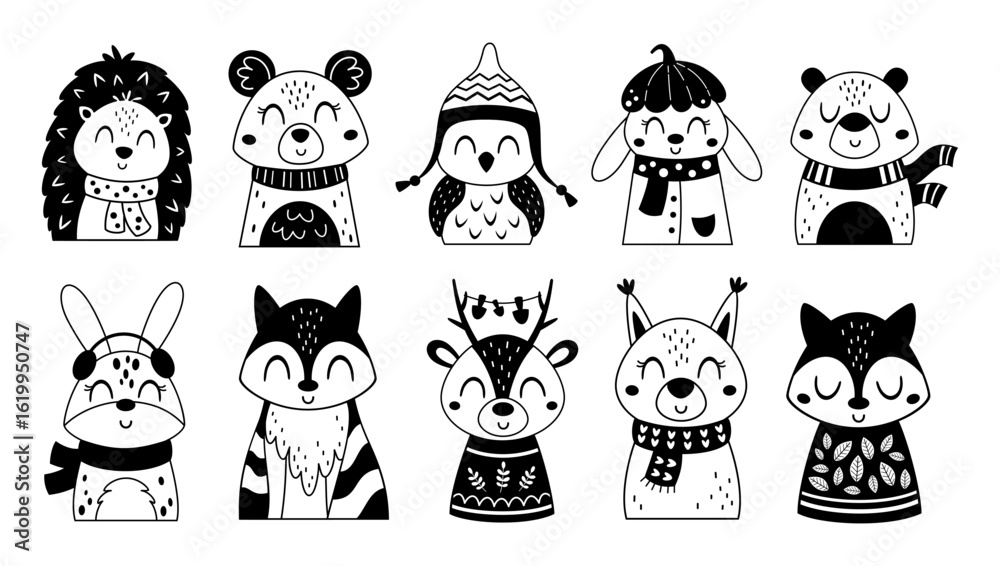 Cute autumn woodland animals clipart set. Black and white fall ...
