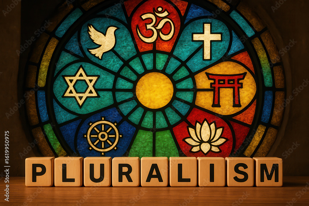 Pluralism concept with religious symbols in stained glass window Stock ...