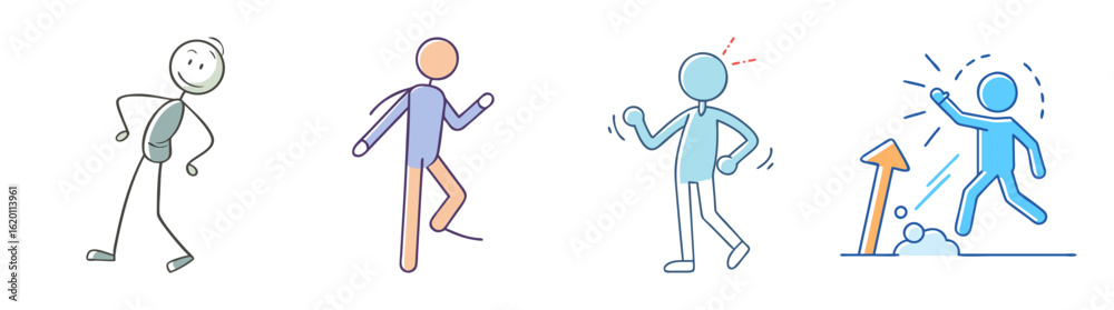 Four stages of stick figure life cycle from caution to celebration ...