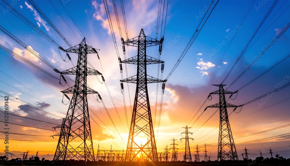 Electrical grid at sunset, symbolizing power infrastructure and energy ...