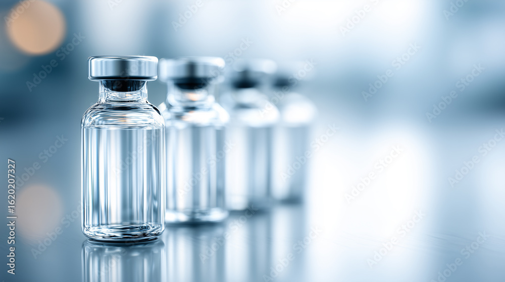 Row of clear glass medical vials filled with liquid stands on a ...