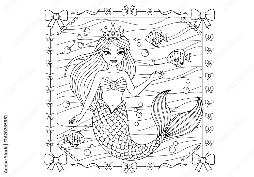 Cute mermaid with long hair and a crown swimming with fish in the ocean ...
