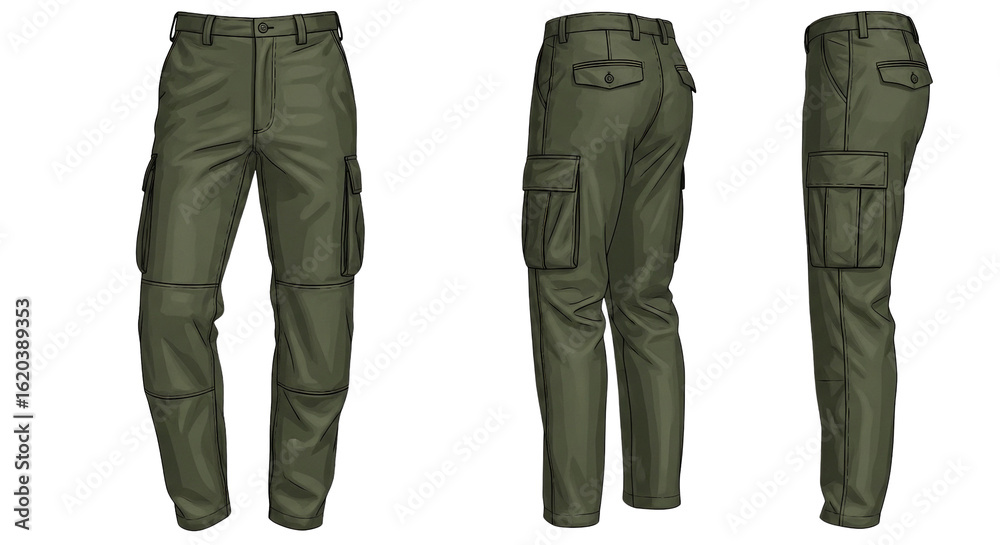 Cargo pants in olive green front, side, and back view isolated PNG with ...