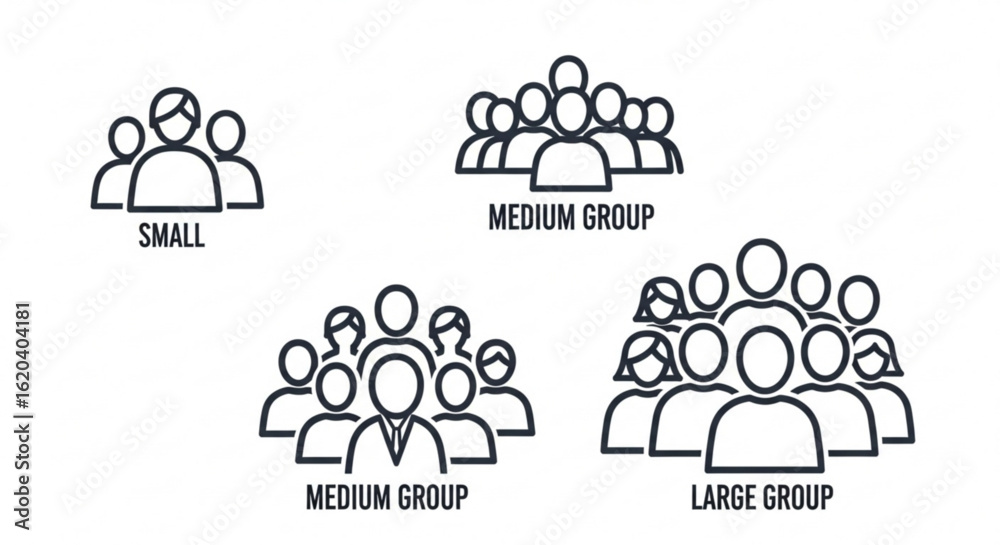 Group size comparison vector illustration showing small medium and ...