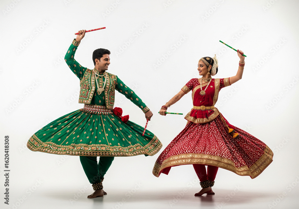 A couple dressed in traditional garba attire in green and red dance ...