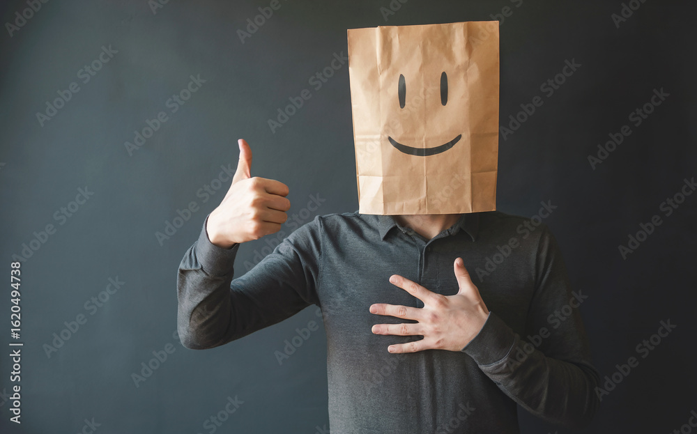 Anonymous man with smiling paper bag head giving thumbs up approval ...