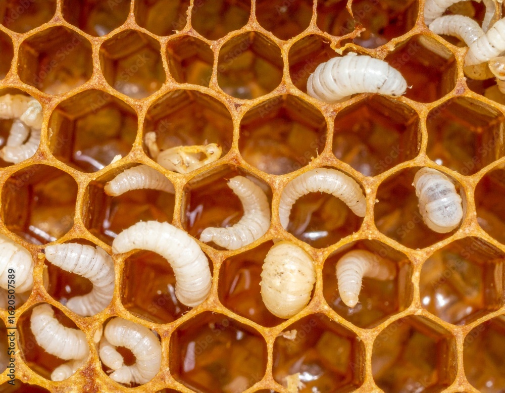 Bee Larvae in Honeycomb: A close-up view of a honeycomb reveals ...