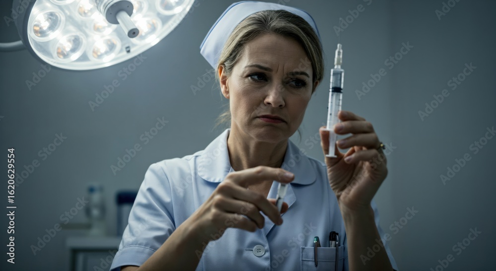 Serious female nurse holding a syringe with a needle under a surgical ...