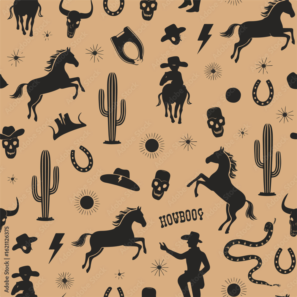 Western cowboy silhouette pattern with horses cacti skulls and ...