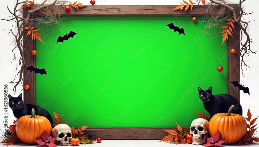 Stock-Foto „alloween Green Screen Frame with Pumpkins, Black Cats, and ...