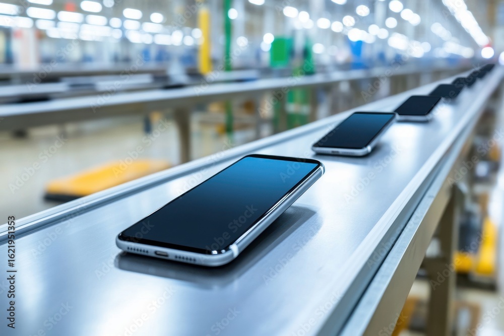 Foto de Stock Smartphones on assembly line in factory, ready for ...