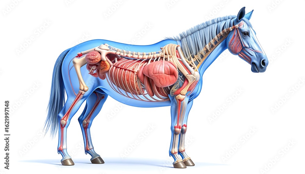 Detailed equine anatomy showing the internal organ systems, skeleton ...