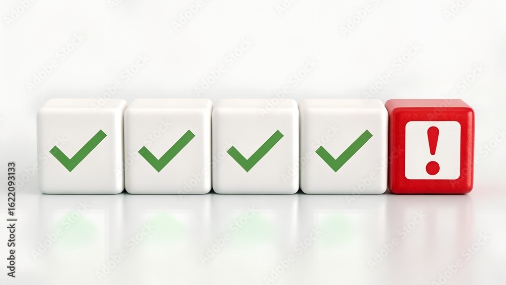 Check marks and warning sign on cubes in a row, concept of quality ...