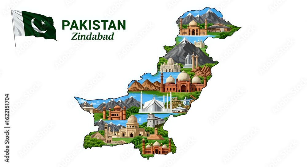 Illustrated map of pakistan with flag and landmarks on a white ...