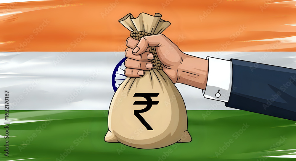 Hand holding a money bag with rupee symbol in front of the indian flag ...
