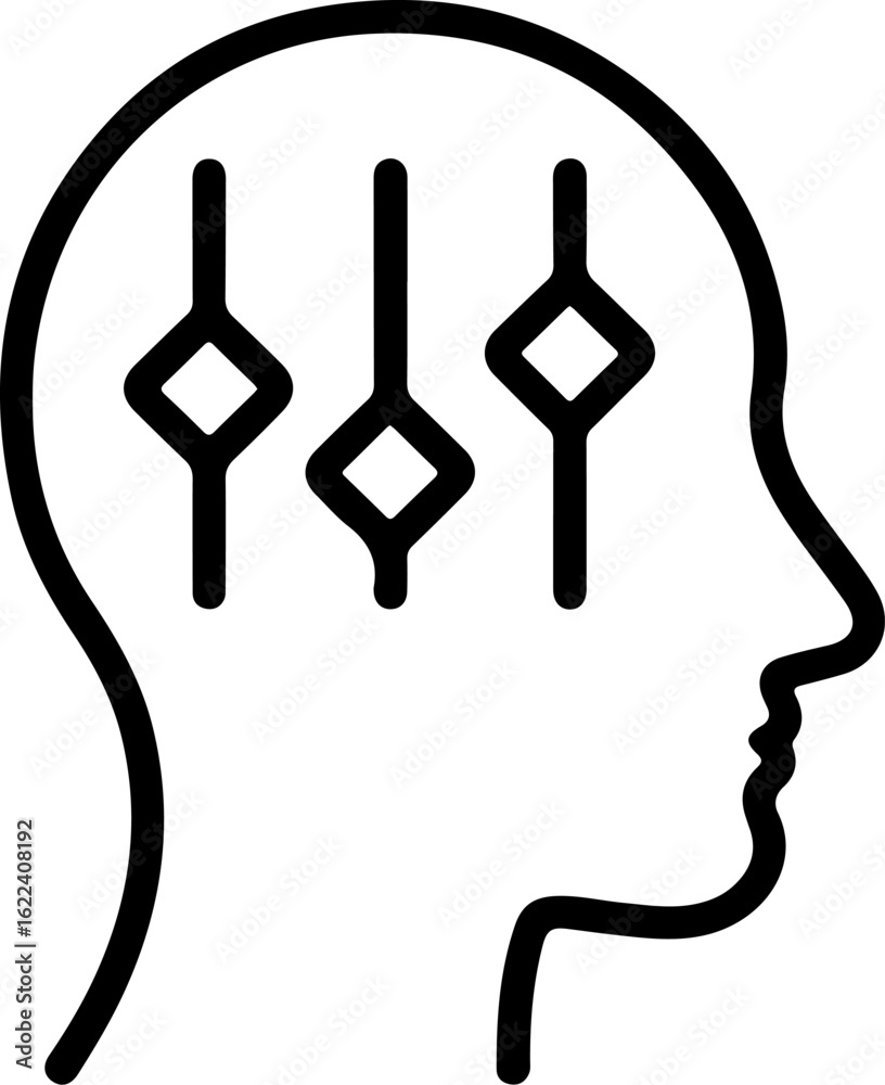 Abstract line art icon of a human head with internal controls and ...