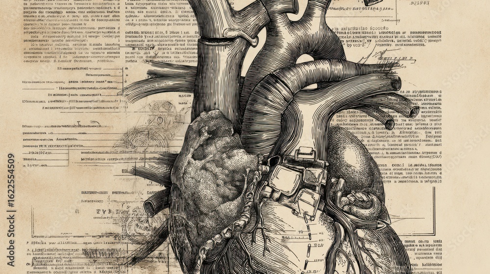 Vintage Medical Illustration of Human Heart Anatomy in Textbook Style ...