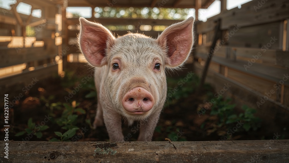 Farm animal pig in enclosure with big eyes Stock Photo | Adobe Stock