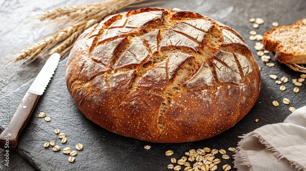 Rustic crusty loaf country bread with deep caramelized crust showing ...