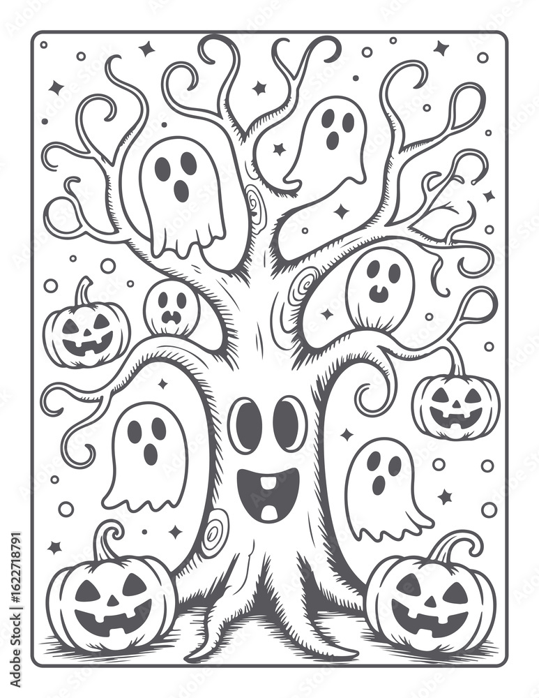 Bold Easy Halloween Coloring Pages, a coloring page with a tree and ...