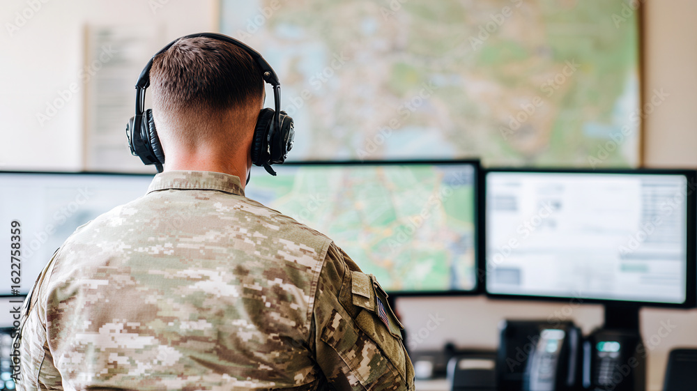 Military soldier in camouflage uniform wearing headset monitoring ...