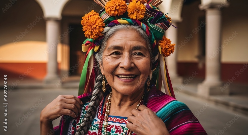 Elderly indigenous woman portrait wearing traditional Oaxacan headdress ...