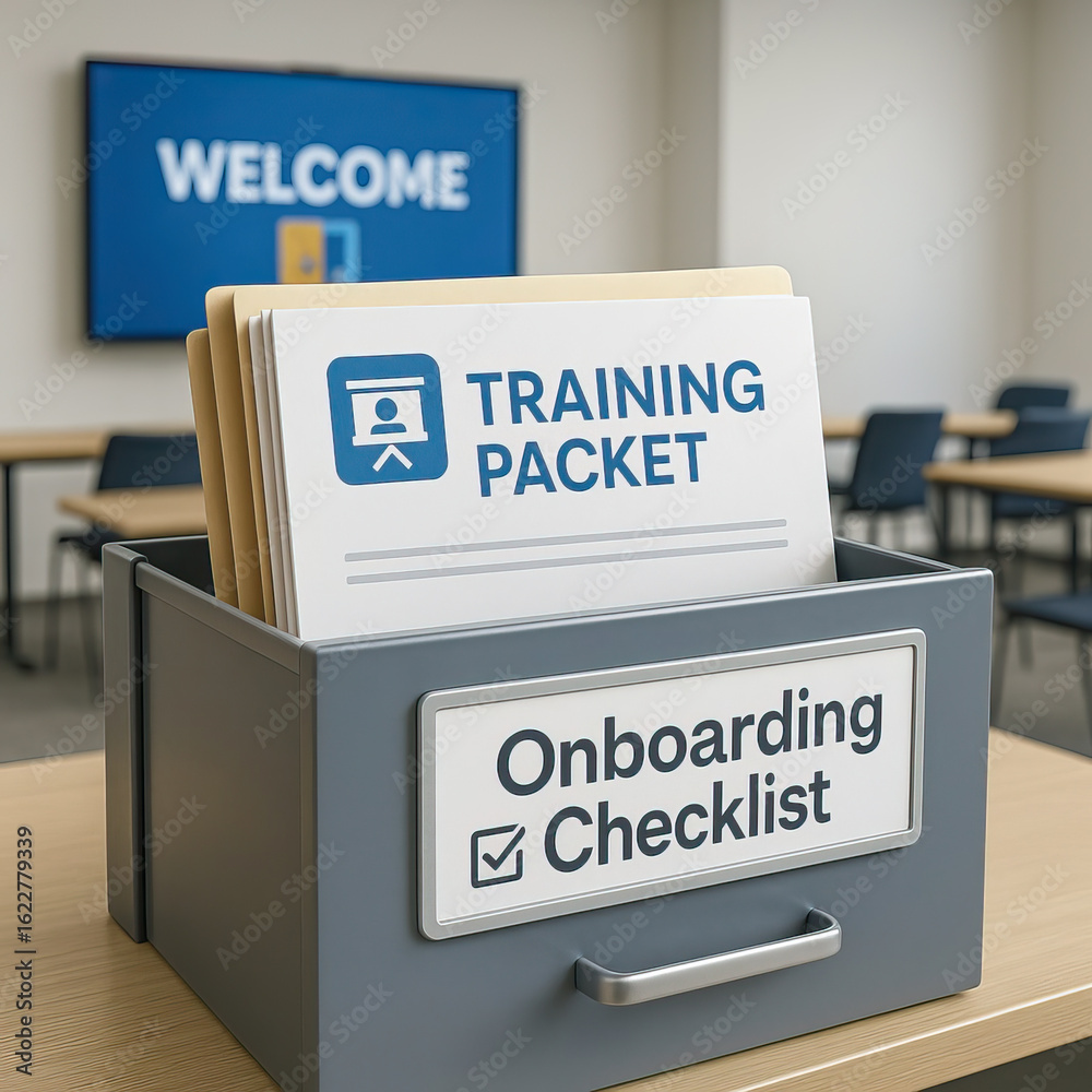 Training packet and onboarding checklist folder in office setting with ...